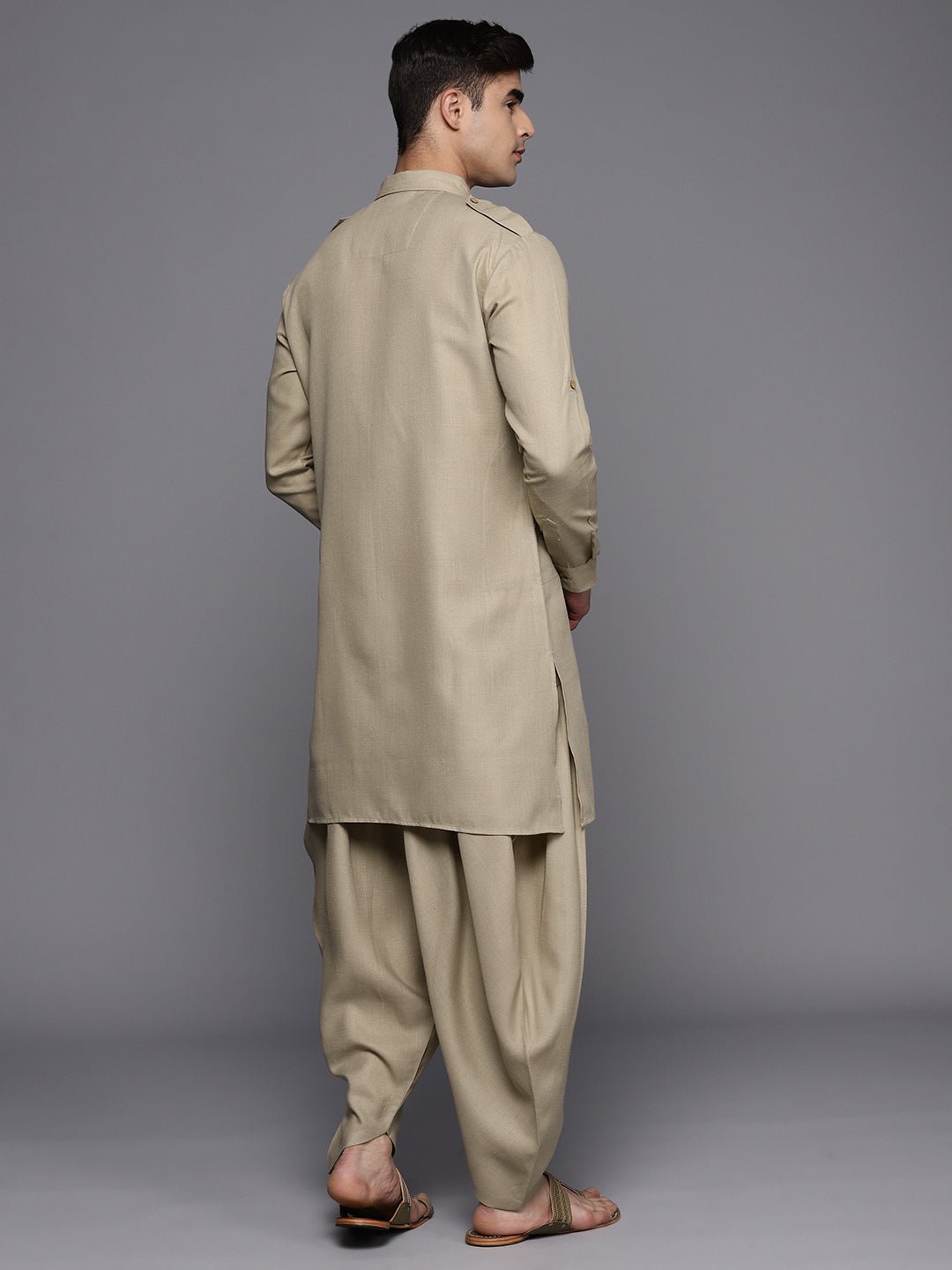 Beige Linen Pathani Kurta with Dhoti Pants Inddus.in
