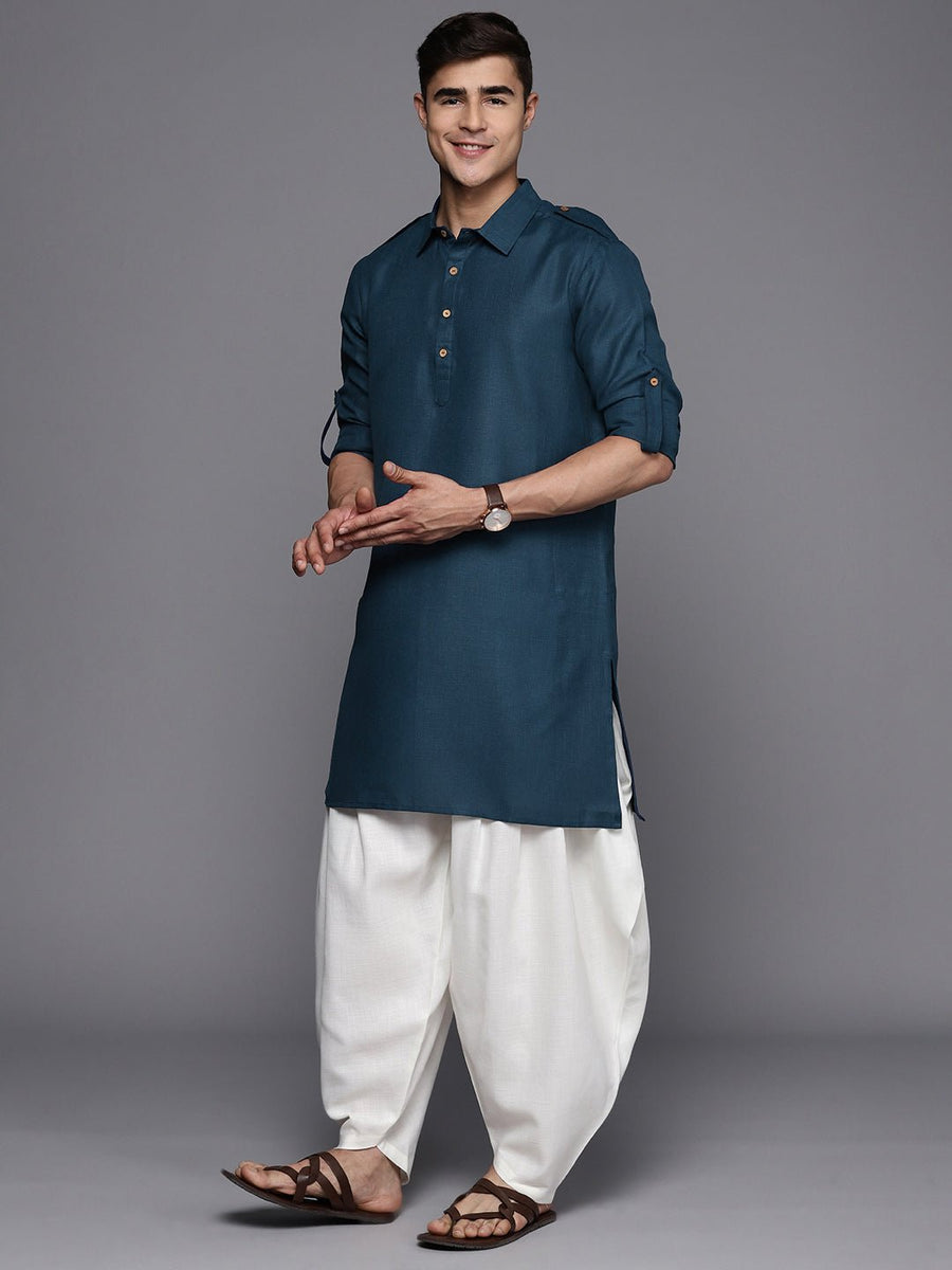 Navy Blue Linen Blend Pathani Kurta with Dhoti Pants Inddus.in