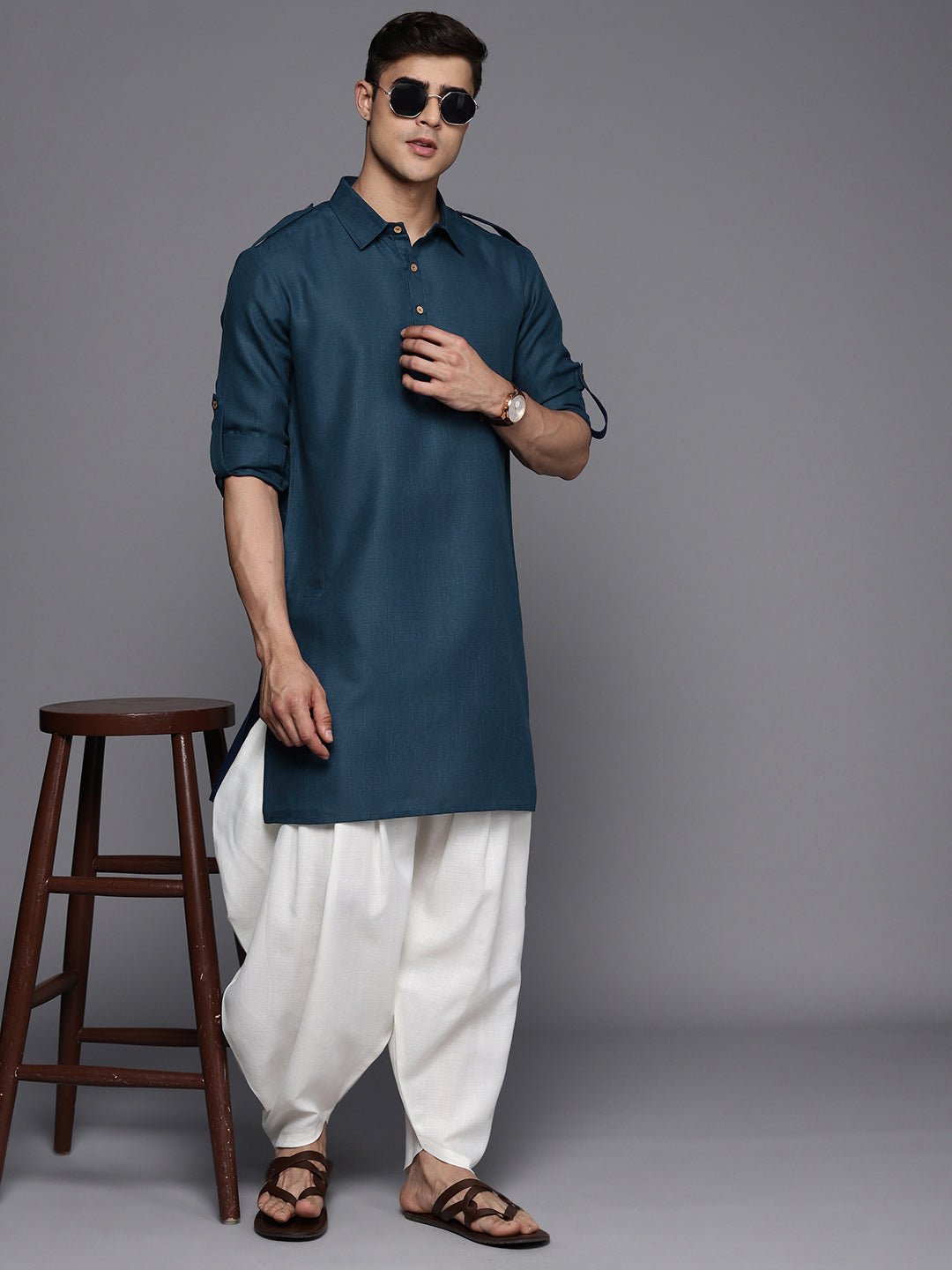Navy Blue Linen Blend Pathani Kurta with Dhoti Pants Inddus.in